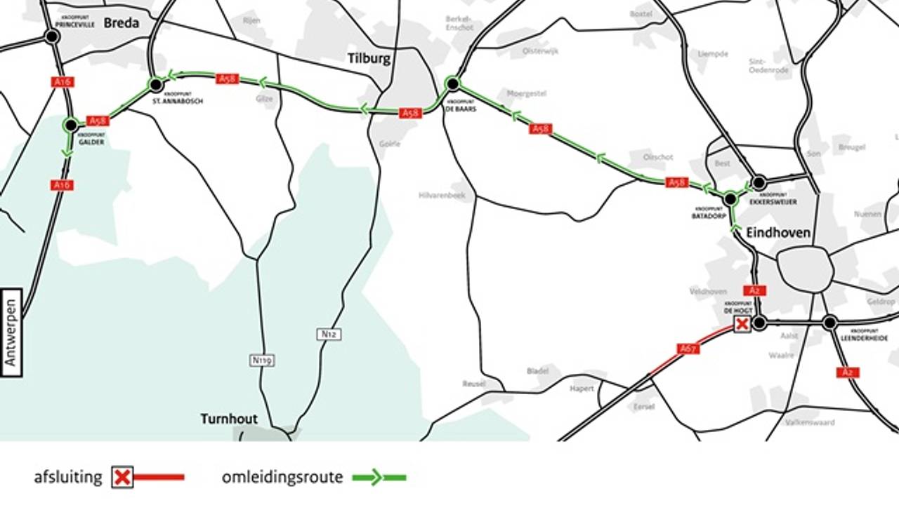 Werk aan de A67 vanaf vrijdagavond: dicht tussen Eindhoven en Eersel ...