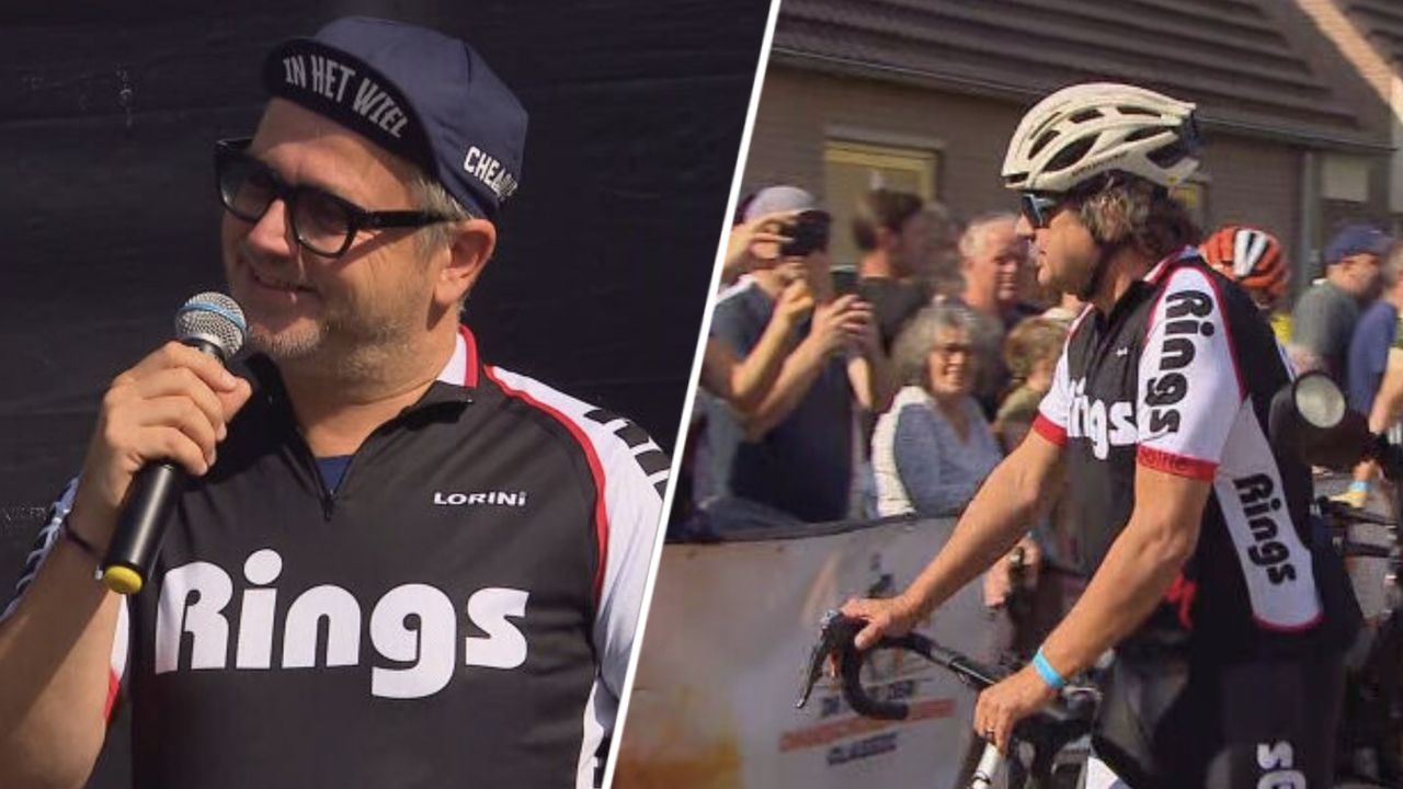 Frank Lammers en Guus Meeuwis met ongeschoren benen op de wielrenfiets ...
